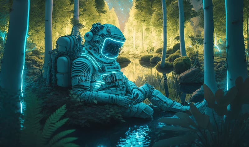 A Man in a Space Suit Sitting in a Forest Next To a Lake Stock ...