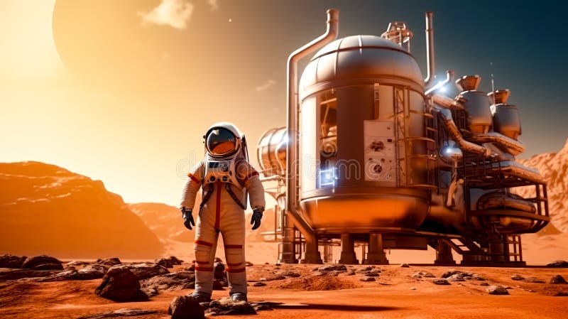 Man in Space Suit Standing in Front of Building on Planet. Generative ...