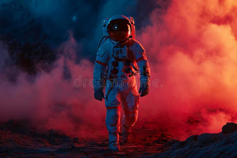 A Man in a Space Suit Standing in Front of a Cloud of Smoke Stock ...
