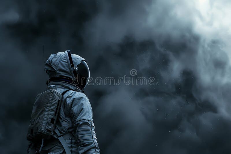 A Man in a Space Suit is Standing in Front of a Dark Sky with Clouds ...