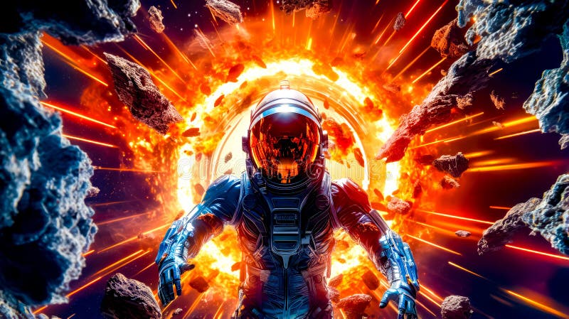 Man in Space Suit Standing in Front of Explosion of Rocks. Generative ...