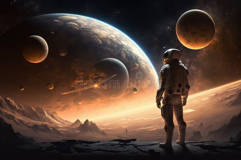 A Man in a Space Suit Standing in Front of Planets Stock Illustration ...