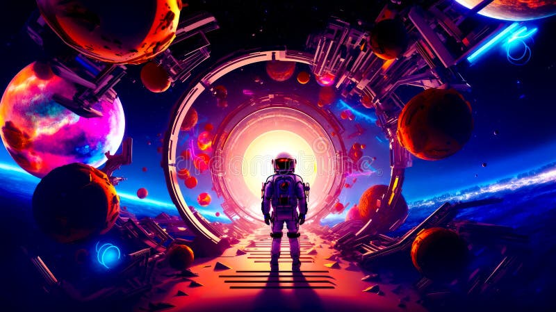 Man in Space Suit Standing in Front of Tunnel Filled with Planets ...