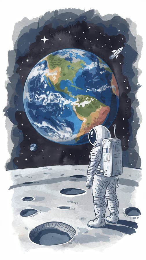 Man in a Space Suit is Standing on the Moon Stock Illustration ...