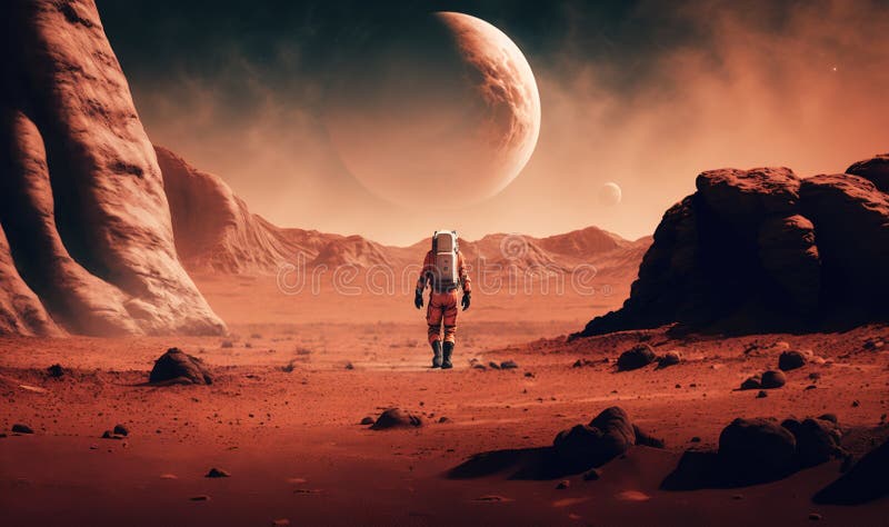 A Man in a Space Suit Standing on a Red Planet Stock Illustration ...