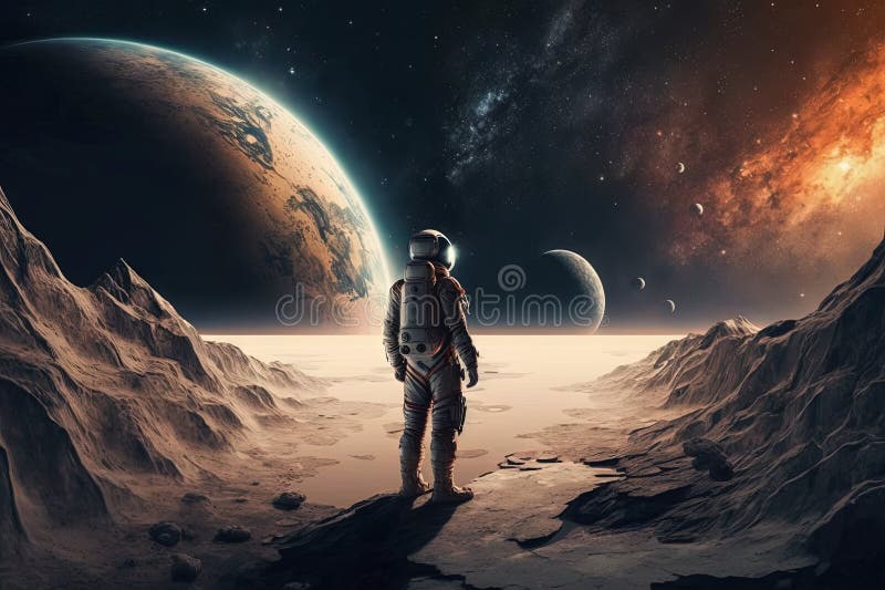A Man in a Space Suit Standing on a Rocky Surface Stock Illustration ...