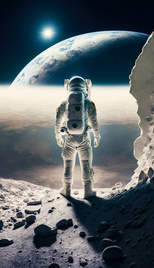 Man in Space Suit Standing on Rocky Surface in Front of Planet ...