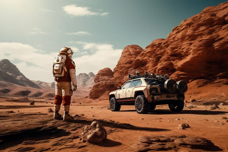 Man Standing on Mars Planet Suface with Artificial Colony Station Stock ...