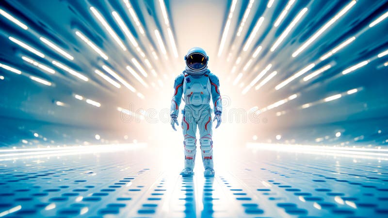Man in Space Suit Standing in Room with Beams of Light. Generative AI ...