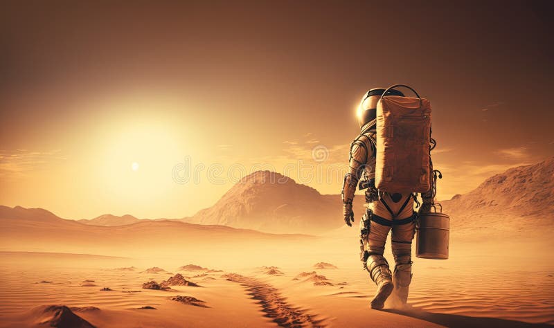A Man in a Space Suit Walking Across a Desert Field Stock Illustration ...