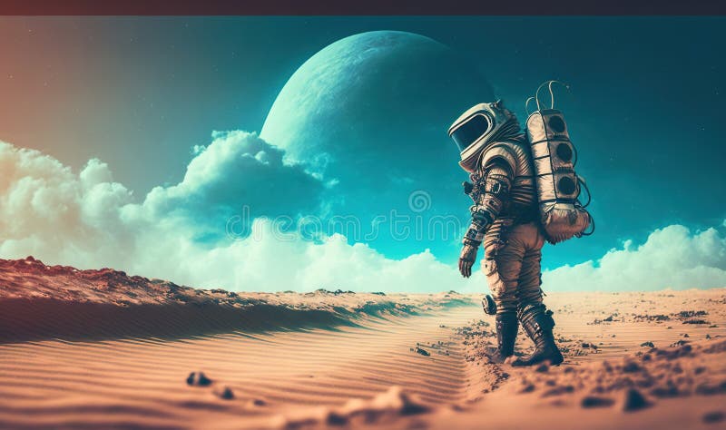 A Man in a Space Suit is Walking in the Desert Stock Illustration ...
