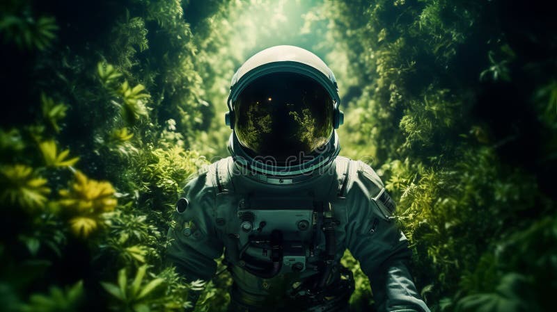 A Man in a Space Suit Walking through a Forest Stock Illustration ...