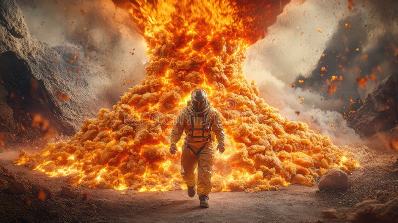 A Man in a Space Suit Walking in Front of a Huge Explosion Stock ...