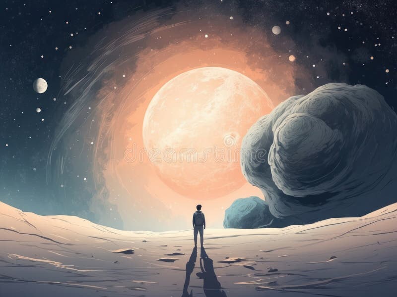 A Man in Space, Surrounded by Planets and Stars. Fantastic Landscape ...