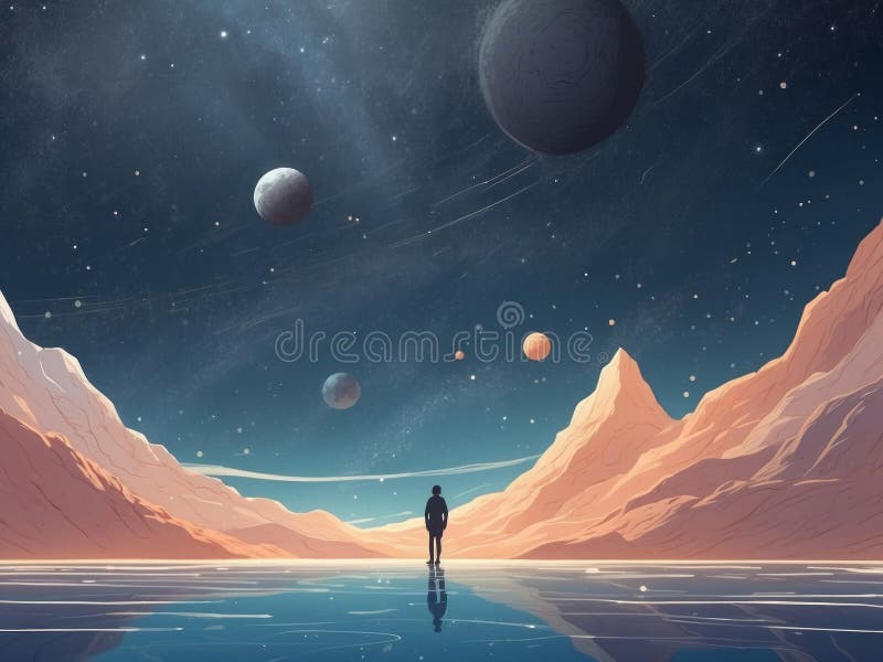 A Man in Space, Surrounded by Planets and Stars. Fantastic Landscape ...