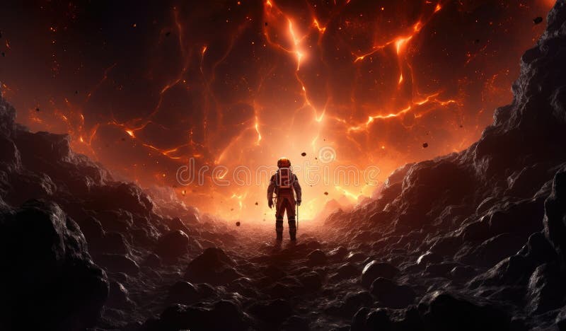 A Man in Space Walking through a Glowing Space Stock Image - Image of ...