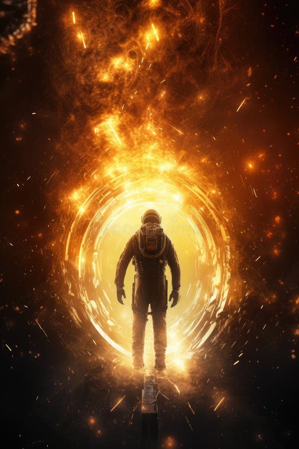 A Man in Space Walking through a Glowing Space Stock Photo - Image of ...