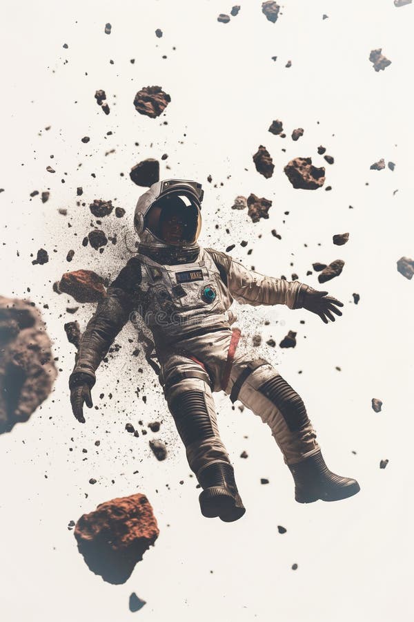 A Man in a Spacesuit is Falling through Space, Surrounded by Rocks ...