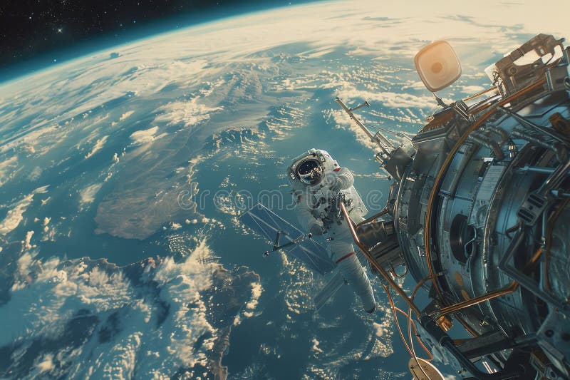 A Man in a Spacesuit is Looking Down at the Earth from Space with ...