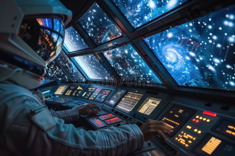 A Man in a Spacesuit is Piloting a Spaceship through Space Stock Image ...