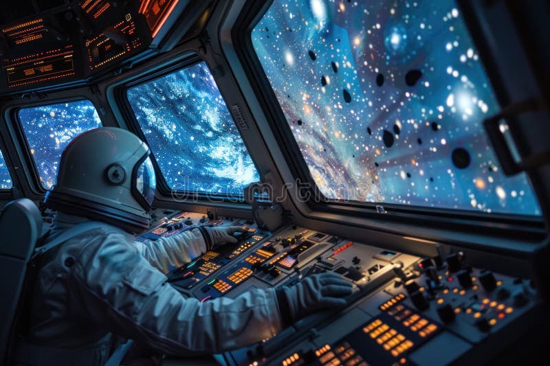 A Man in a Spacesuit is Piloting a Spaceship through Space Stock Photo ...