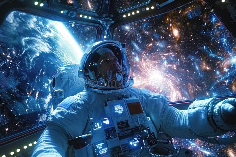 A Man in a Spacesuit is Piloting a Spaceship through Space Stock Photo ...