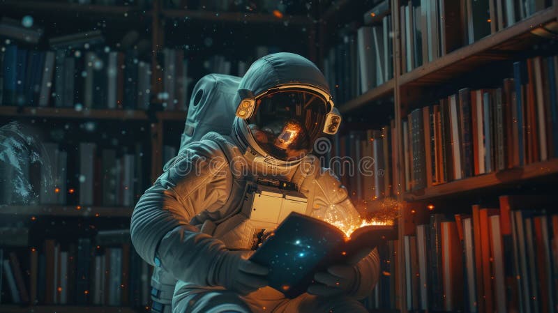 A Man in a Spacesuit is Reading a Book in a Library Stock Photo - Image ...