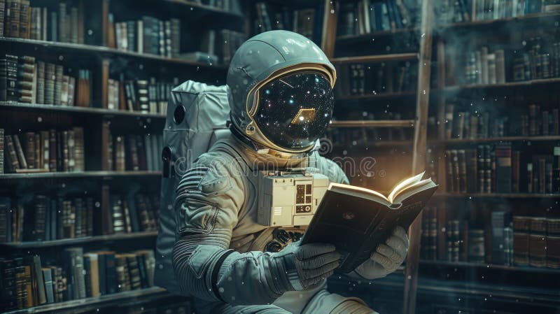 A Man in a Spacesuit is Reading a Book in a Library Stock Illustration ...