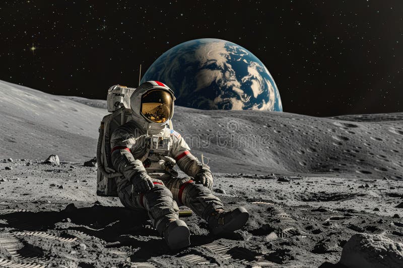 Man in a Spacesuit is Sitting on the Surface of the Moon Stock Image ...