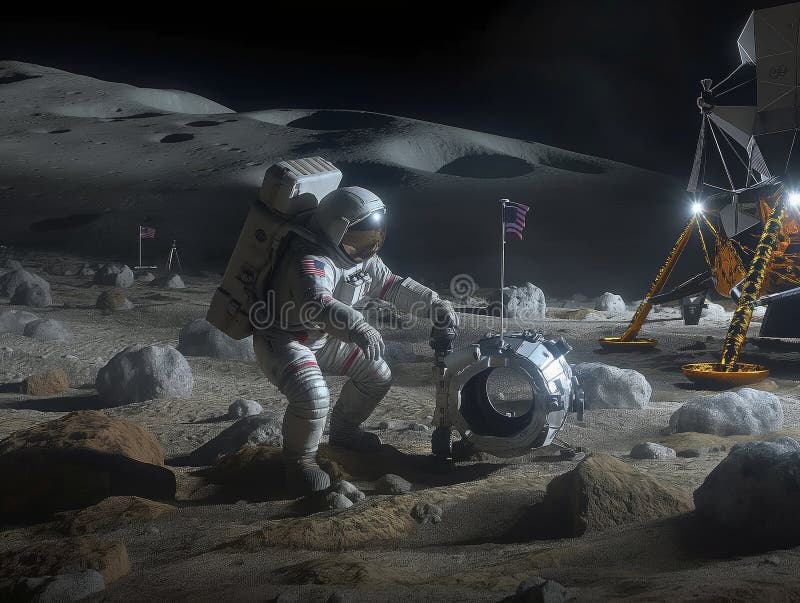 A Man in a Spacesuit is Standing on a Rocky Surface, Looking at a Large ...