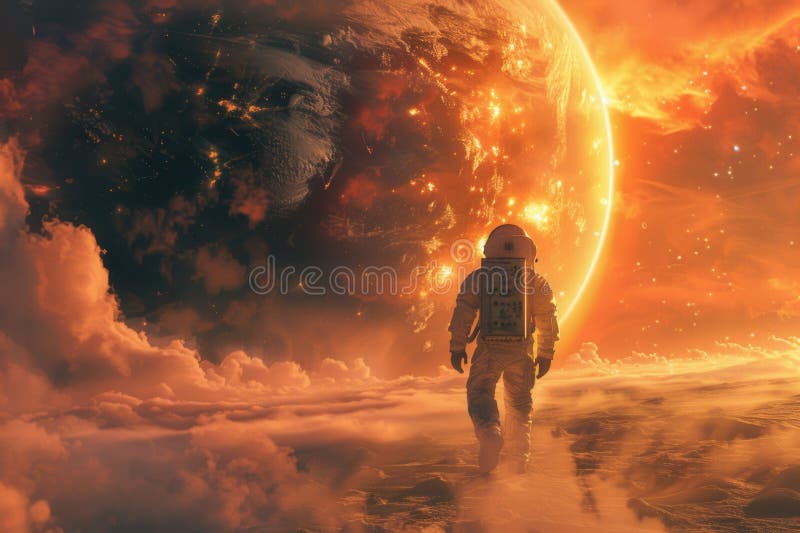 A Man in a Spacesuit is Walking on a Planet with a Large Orange Sun in ...