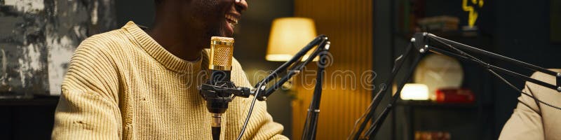 Man Speaking in Microphone during Interview Stock Photo - Image of ...
