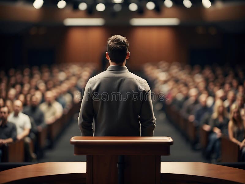Man Speaking at Podium in Front of Audience, Delivering Speech on Stage ...