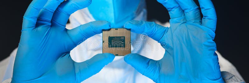 Man in Special Uniform Shows Microprocessor Chip Stock Photo - Image of ...