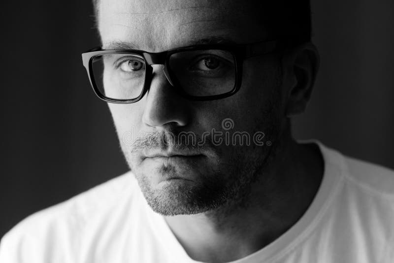 Man in Spectacles, Black and White Portrait Stock Photo - Image of lips ...