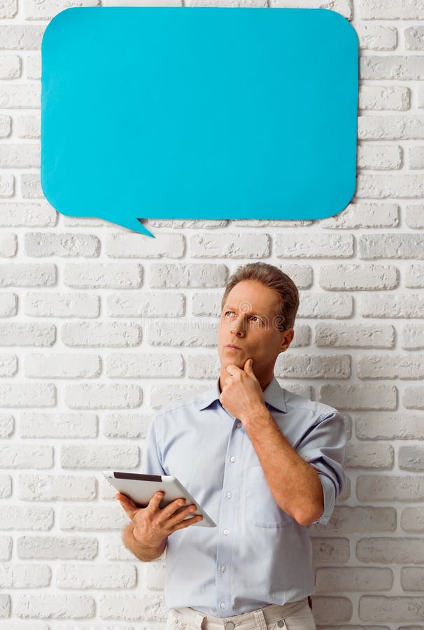 Man with speech bubbles stock image. Image of expression - 68203151