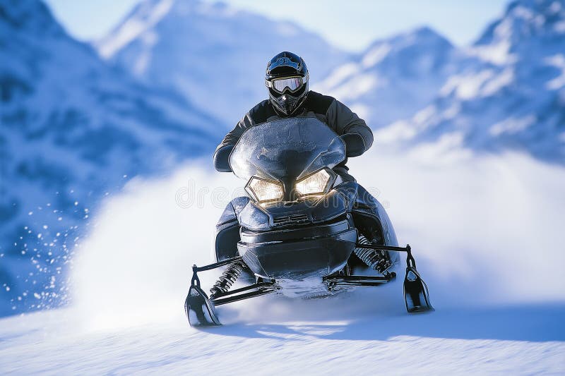Man Speeding on Snowmobile through Snowy Terrain with Towering ...