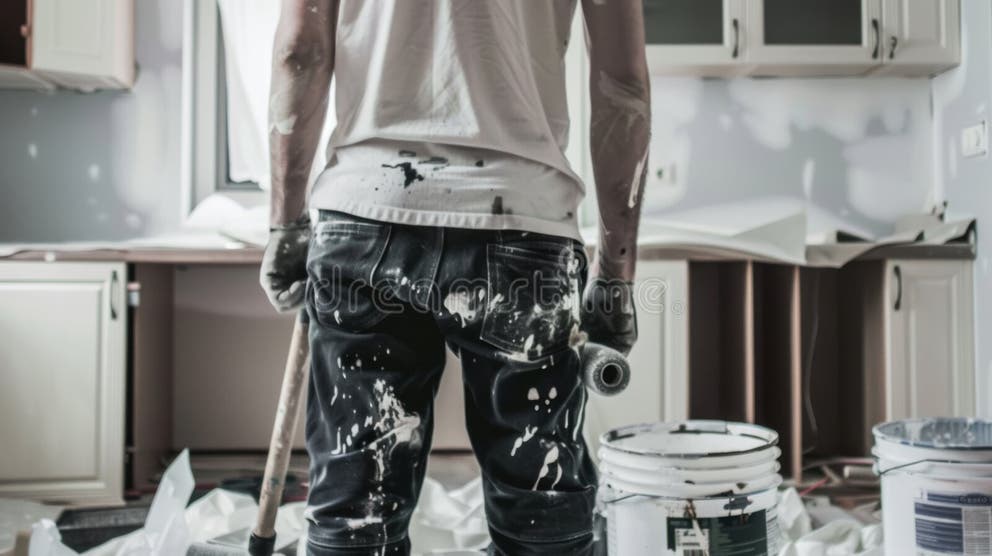 A Man Splattered with White Paint Holds a Roller in a Partially Painted ...