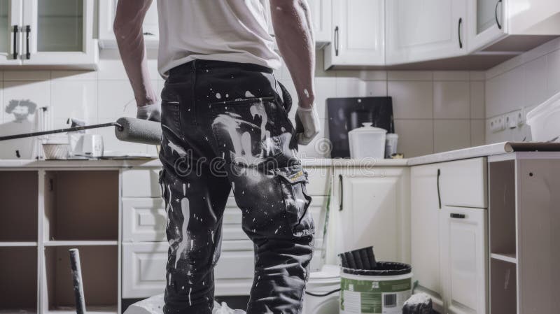 A Man Splattered with White Paint Holds a Roller in a Partially Painted ...