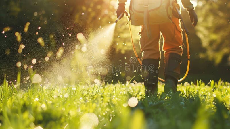 Man Spraying Lawn Grass Close Up Selective Focus Stock Photo - Image of ...