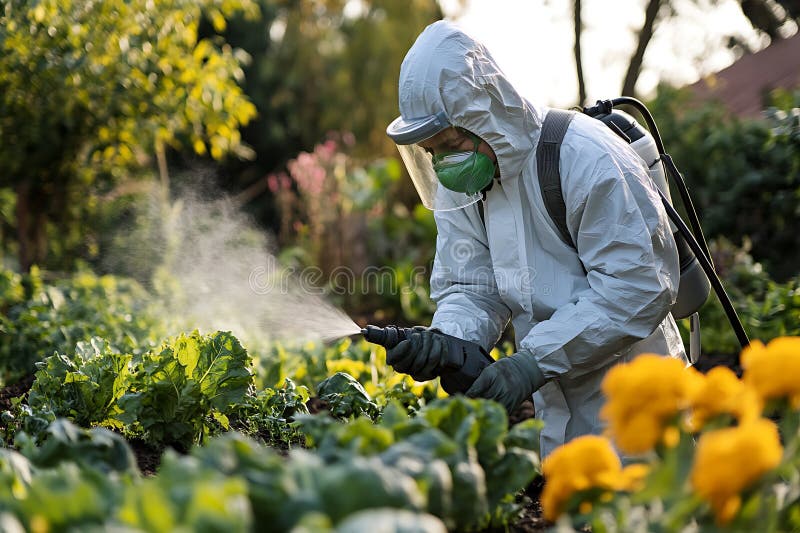 Man Spraying Plants in a Garden Stock Illustration - Illustration of ...