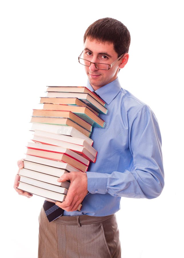 Man with stack of books stock photo. Image of black, neck - 17650376