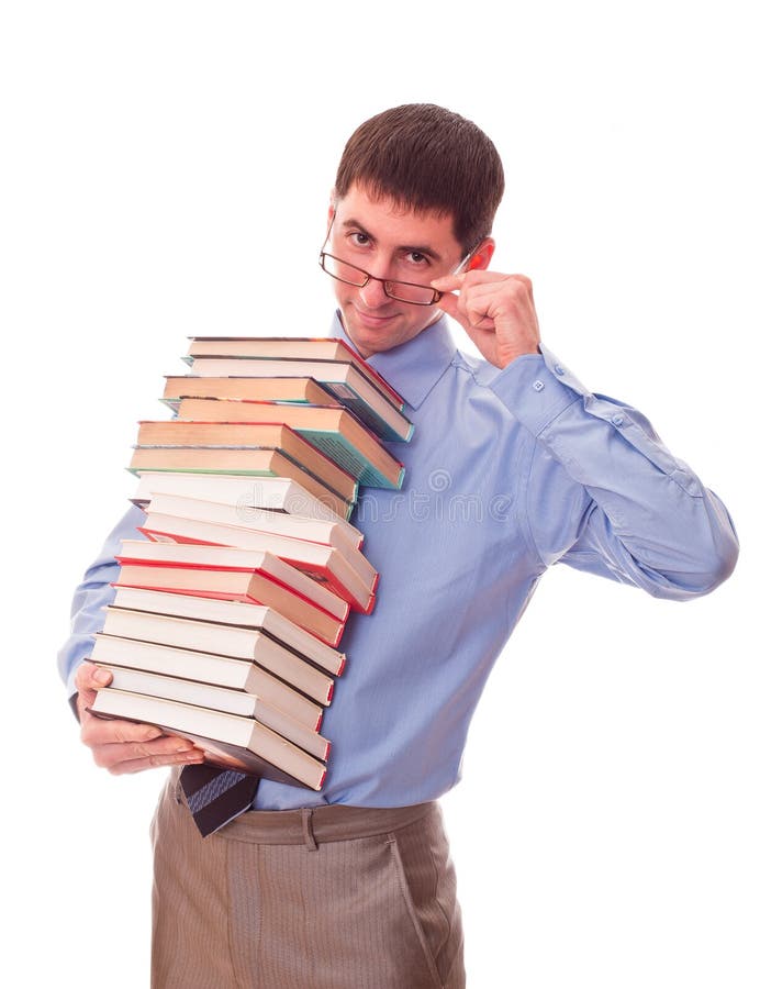 Man with stack of books stock image. Image of session - 17677523