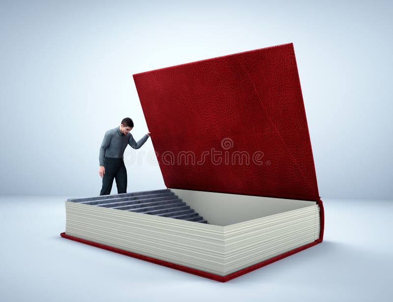 Man on Stairs Inside a Book. Discovery and Education Concept Stock ...