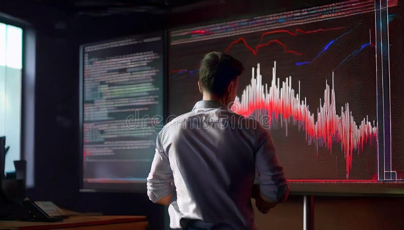 Man Stand in Front of a Animated Stream of Interfaces with Economic and ...