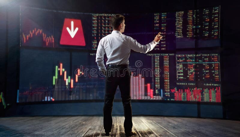 Man Stand in Front of a Animated Stream of Interfaces with Economic and ...