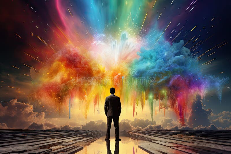 Man Stand Front Colorful Rainbow Cloud Ai Generated Stock Photos - Free ...