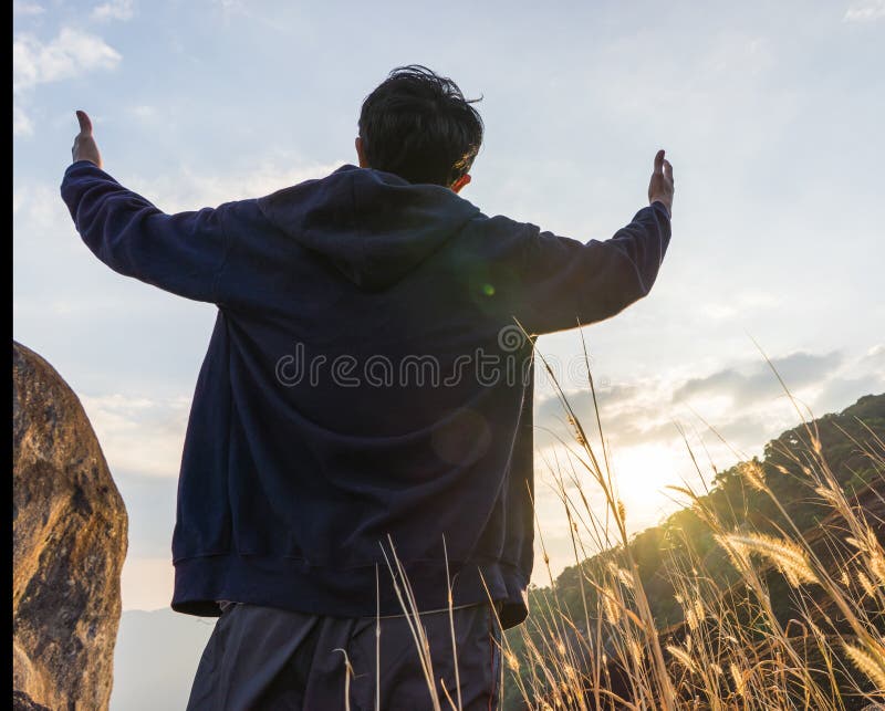 Man stand on mountain stock image. Image of stand, hands - 84262933