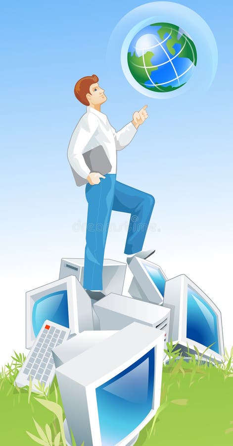 Man stand over computers stock illustration. Illustration of collect ...