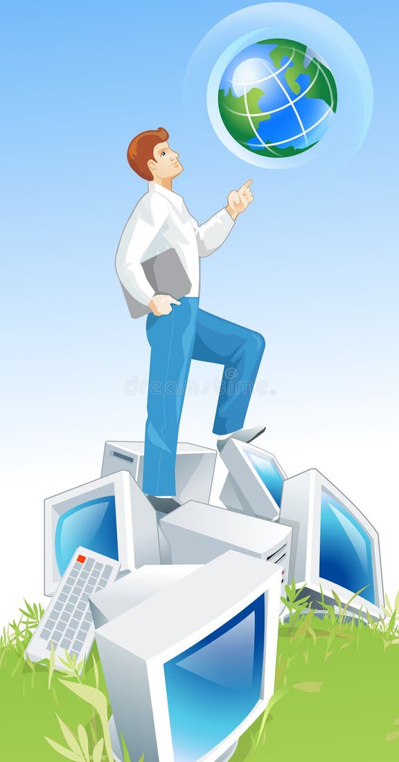 Man stand over computers stock illustration. Illustration of collect ...